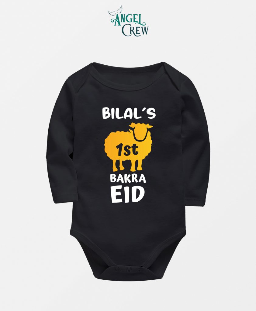 Custom Name First Bakra Eid Full Sleeves Black Romper - Angel Crew